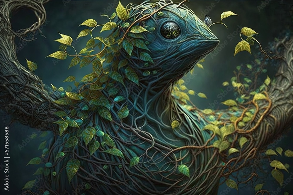Fantasy plant like creature with a complex network of vines and ...