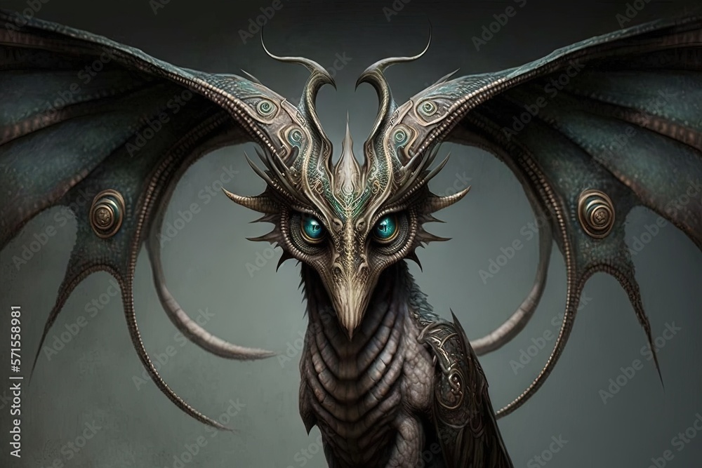 Fantasy winged creature with multiple eyes and a long, snake like tail ...