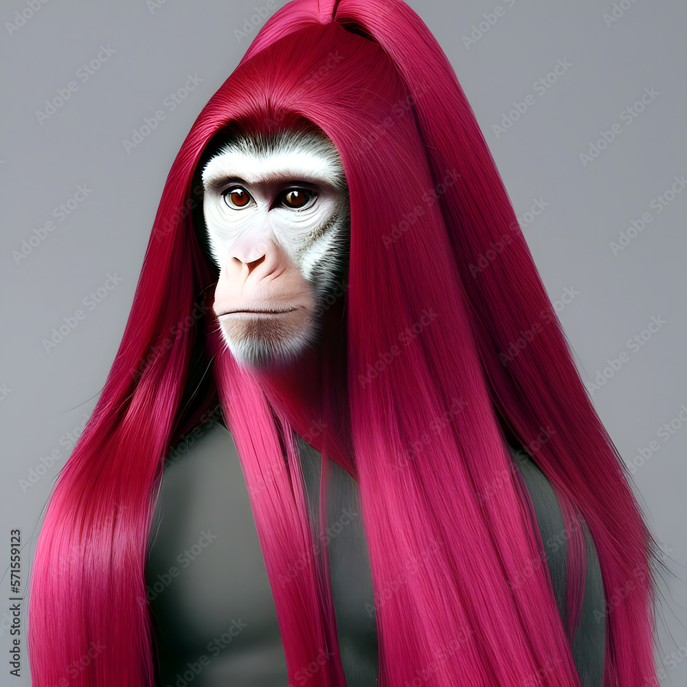 ภาพประกอบสต็อก modischer Affe Schimpanse lila lange Haare Posing ...