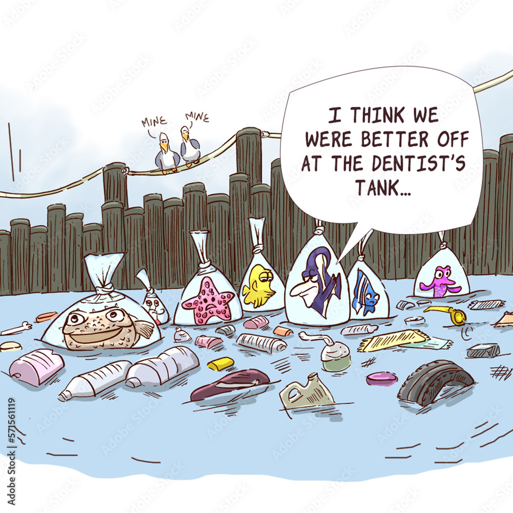 Cartoon of fish in plastic waste, Multilayered plastic recycling Stock ...