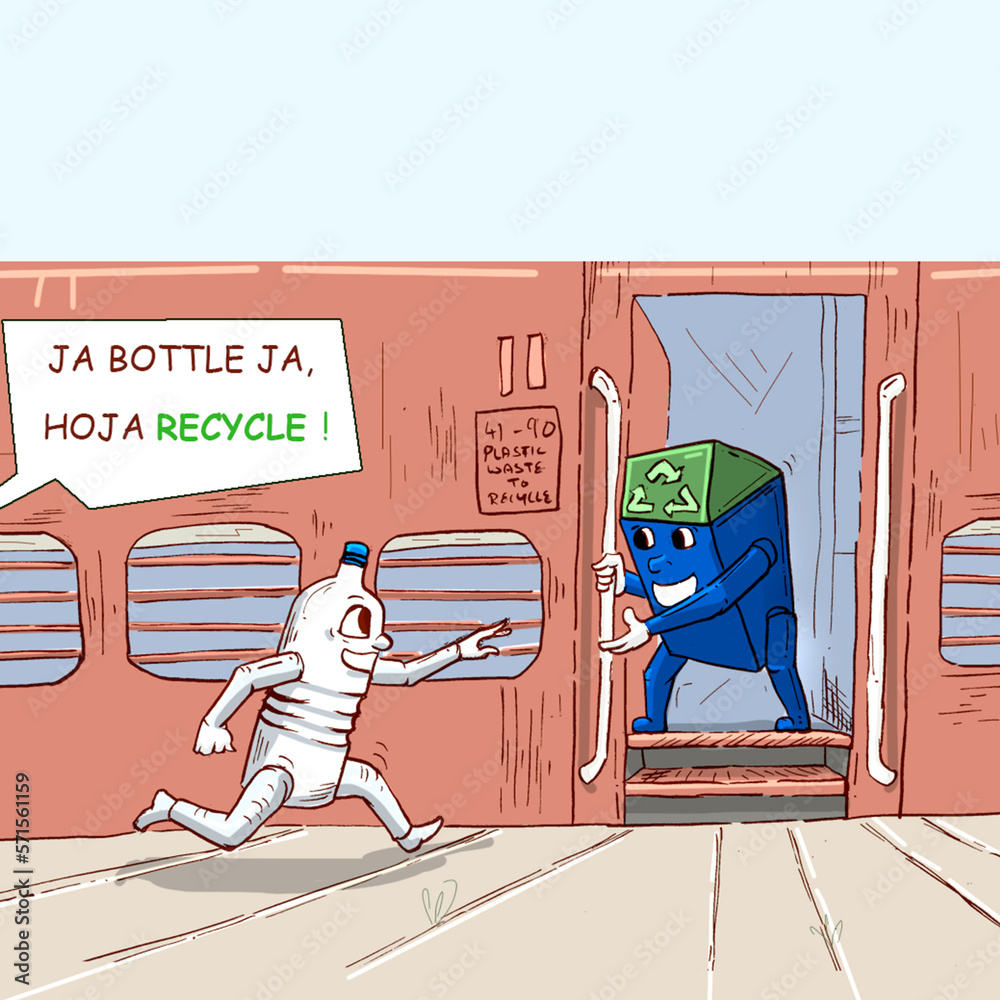 Cartoon of plastic waste and recycle bin, Multilayered plastic ...