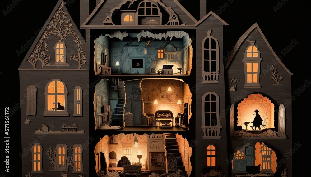 haunted house cross section with multiple rooms, sculls and treasure ...