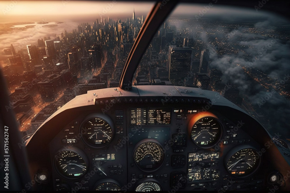 Interior of the cockpit of a plane over a city with skyscrapers ...