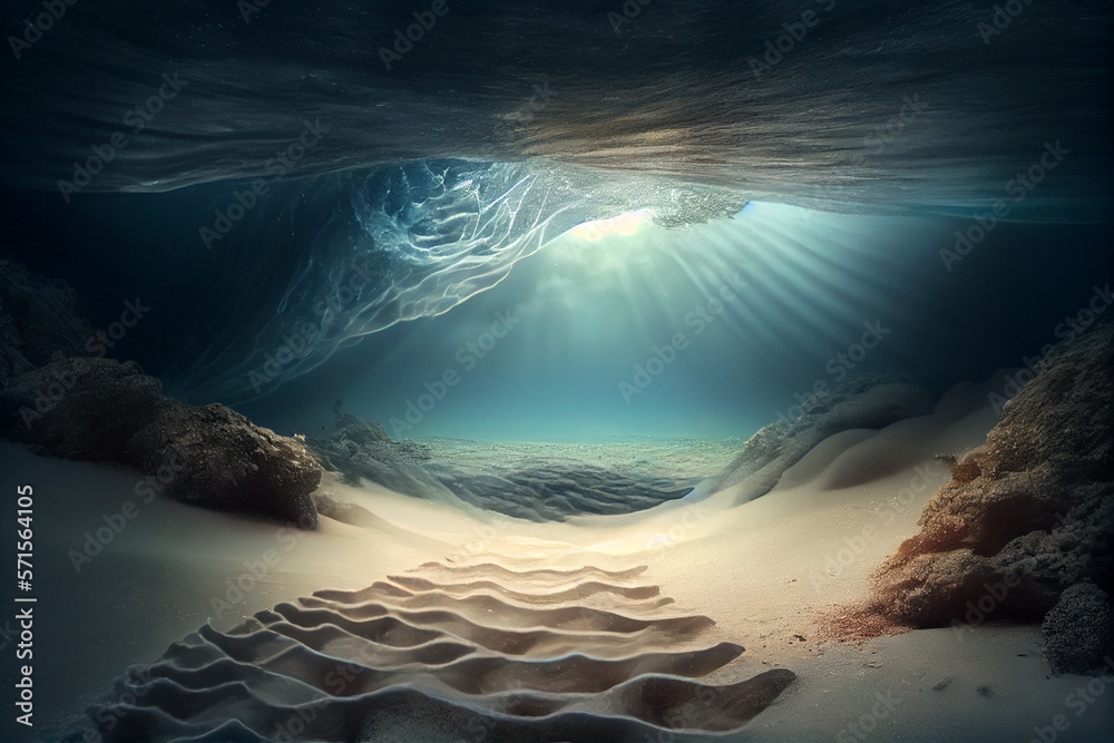 Underwater shoot of an infinite sandy sea bottom with waves on a sea ...