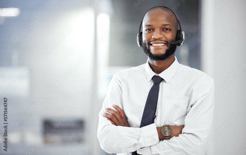 Customer support portrait, happy and black man consulting on ...