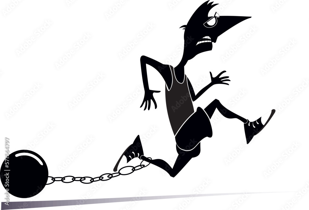 Hard training runner. Cartoon running man with a heavy connected by the ...
