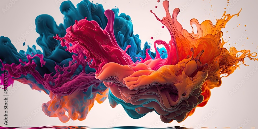 A close up of a vibrant acrylic ink in water is shown on a white ...