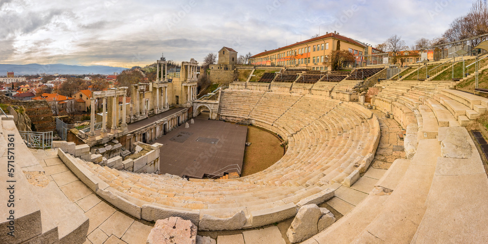Plovdiv Roman amphitheatre in cloudy day. Ancient roman theatre ruins ...