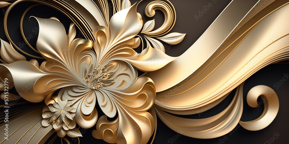 Abstract Design - golden 3D bow with flowers on brown background ...