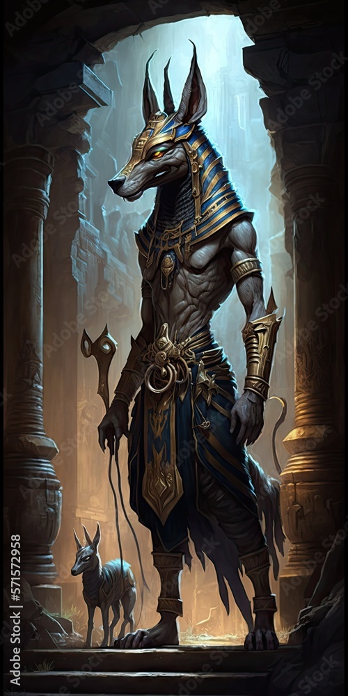 Anubis, the Egyptian god, is depicted in a fantastical setting standing ...
