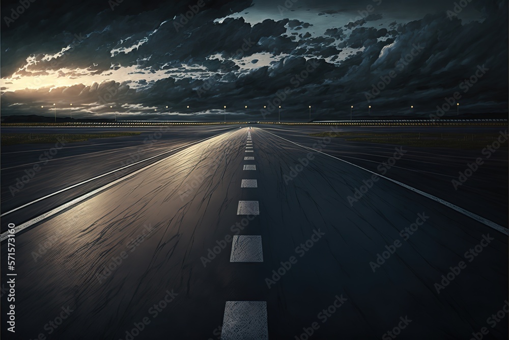 A dark asphalt runway with boundless views of the international ...