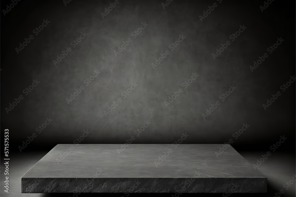 Empty dark stone tabletop or concrete shelf table on black wall ...
