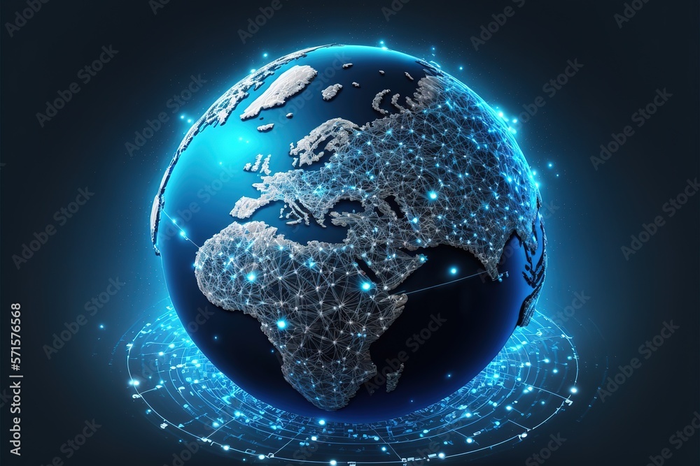 Flying earth network interface on blue background, Global network ...