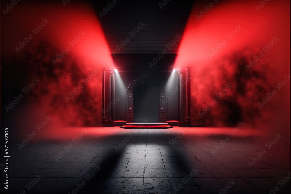The dark stage shows, red background, an empty dark scene, neon light ...