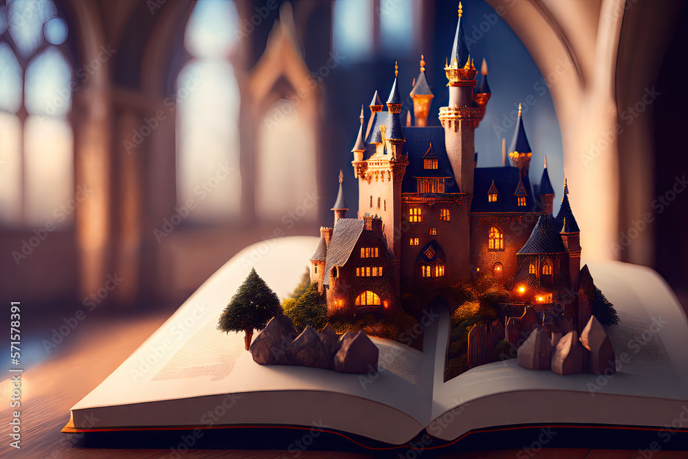 Fairy tale castle inside an open book, magic of reading concept ...