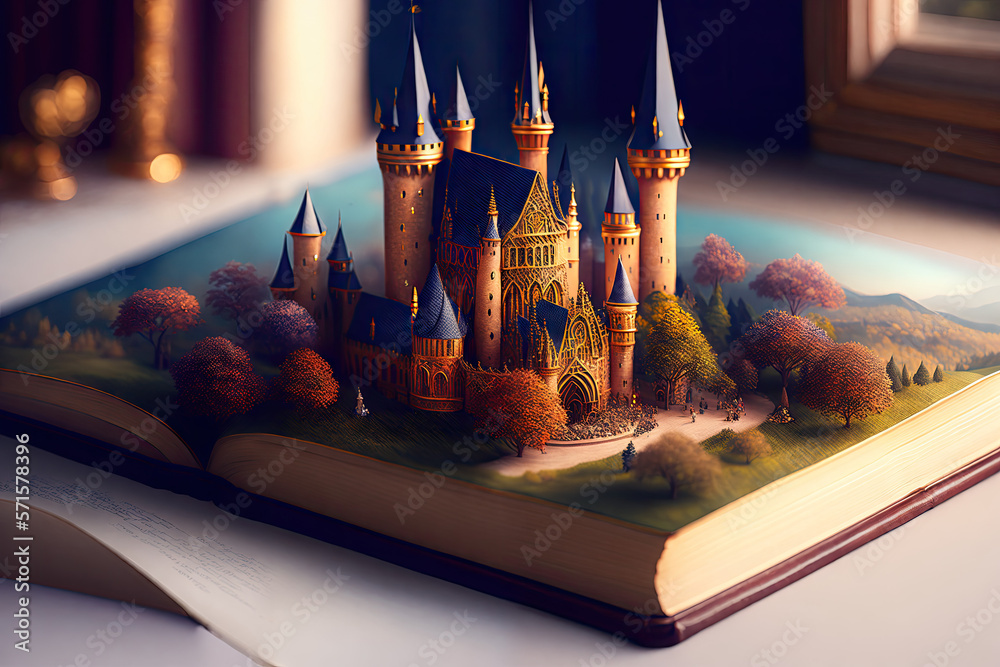 Fairy tale castle inside an open book, magic of reading concept ...