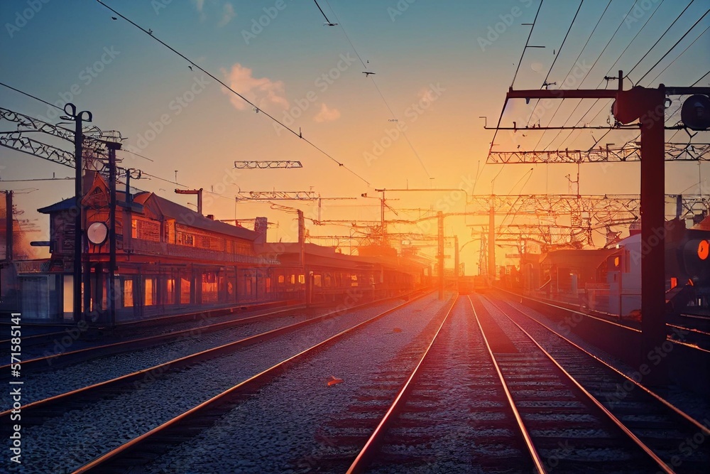 Railway station with motion blur effect at sunset. Industrial landscape ...