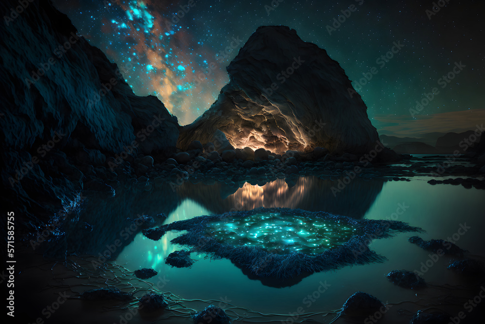 Landscape Bioluminescence glowing plankton in water, fantasy ...