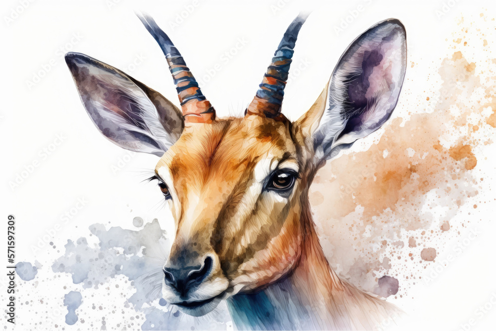 Watercolor antelope close up portrait, Realistic painting on white ...