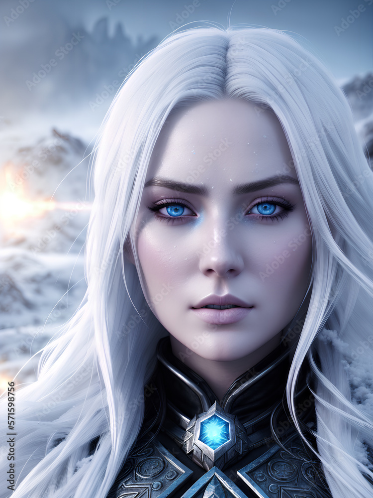 Ice queen with white hair. Fairy tale ice queen. A beautiful snow queen ...