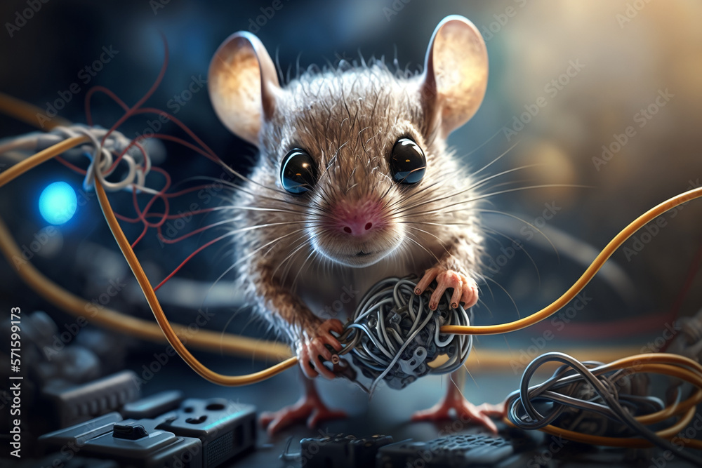 the mouse holds wires in its hands, the connection is broken, the ...