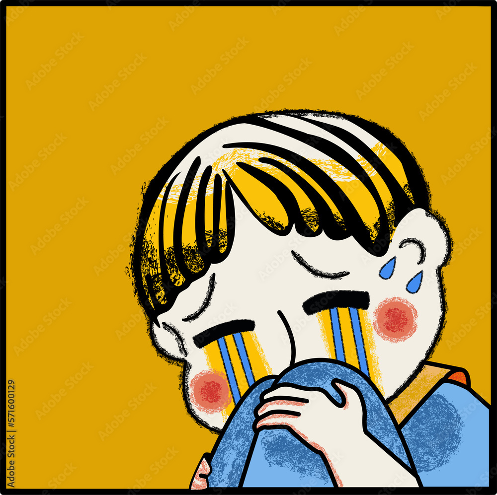 Little boy sitting and crying. Kid feel sad tired, worried, suffering ...
