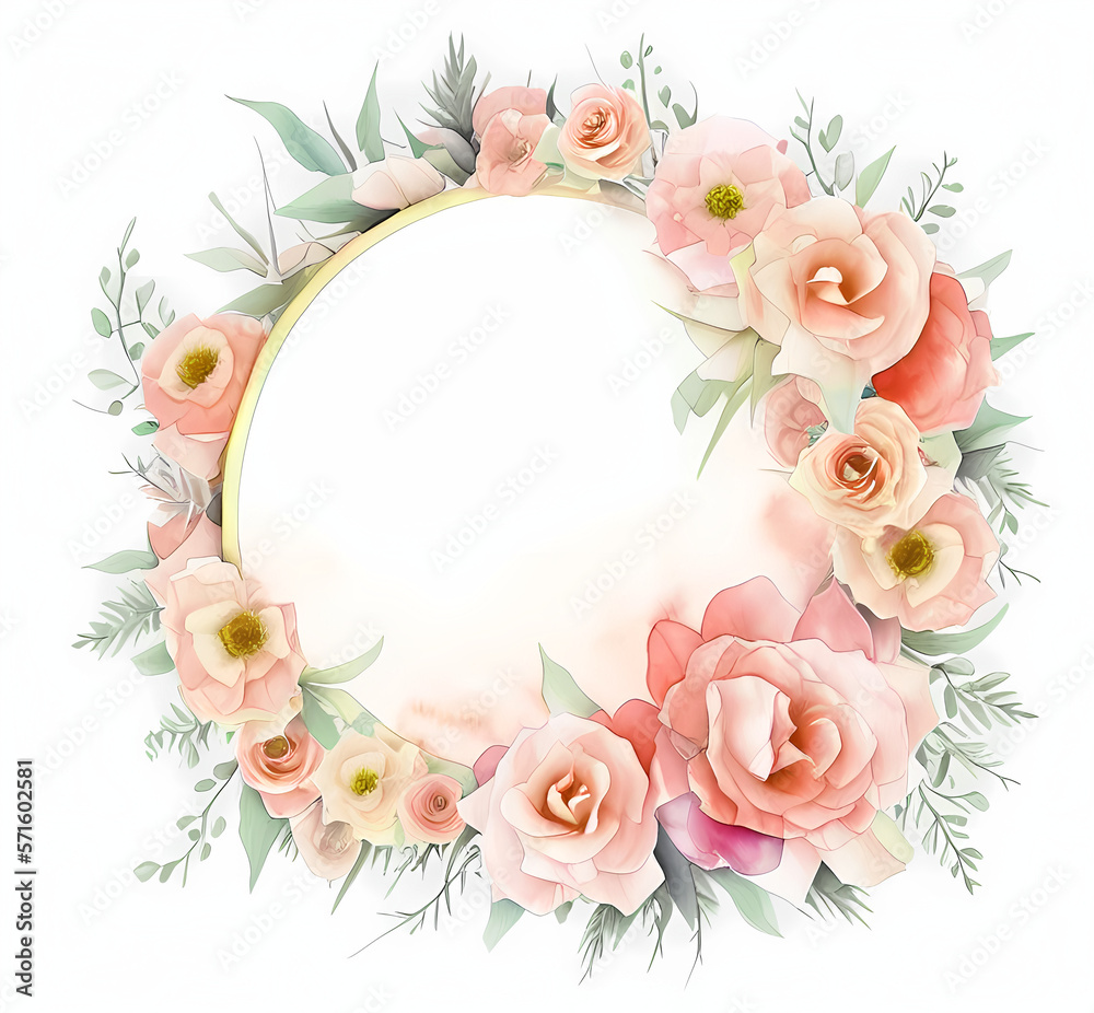 a circle frame shape with pink watercolor roses & flowers - beautiful ...