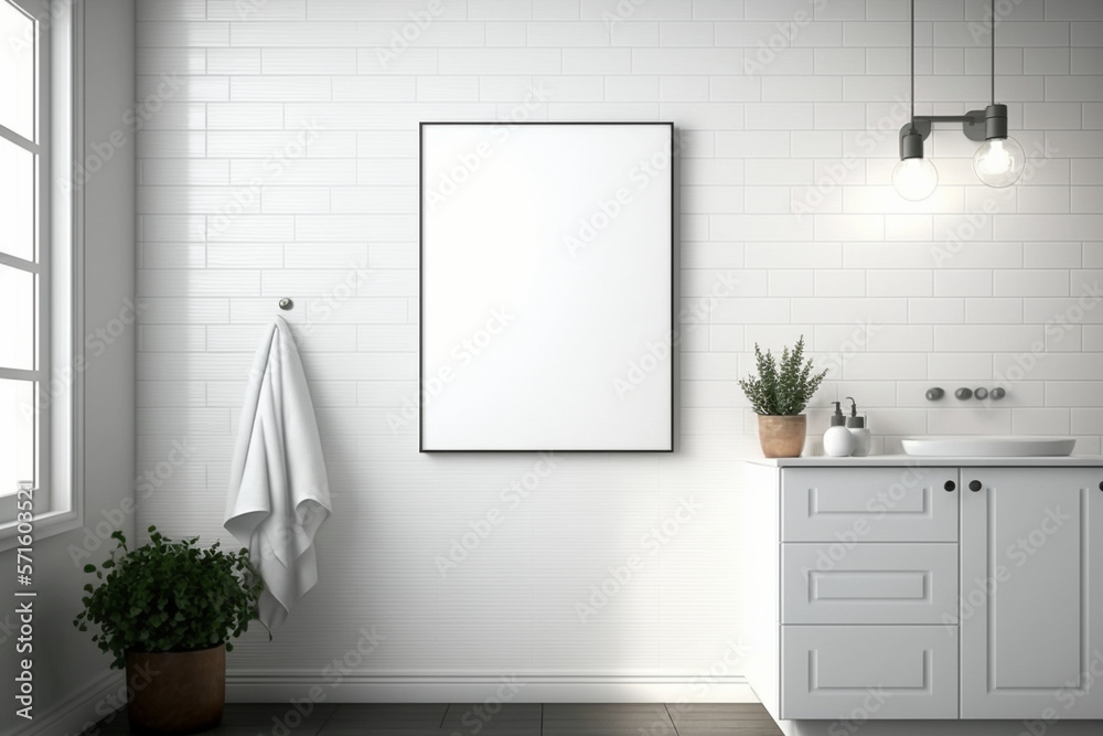 Blank frame on White Wall in bathroom. Template for Design. Mock Up. AI ...