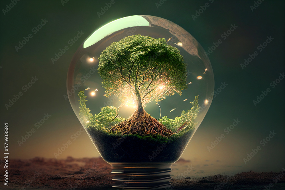 Lamp with tree for Saving environment. Green saving energy Tree Growing ...