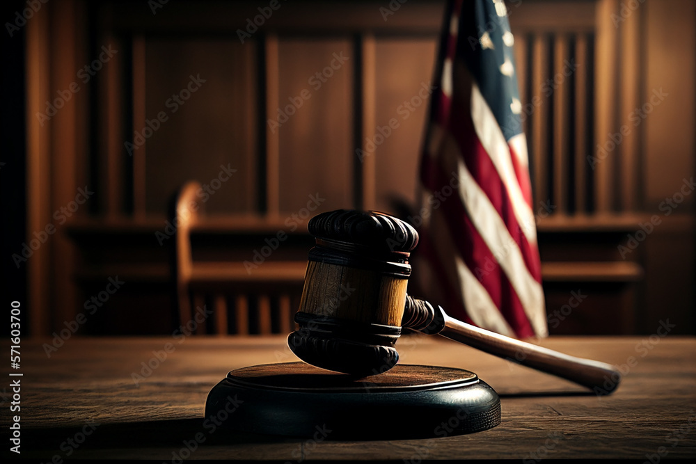 Mallet of judge in American courtroom. American flag in courtroom with ...