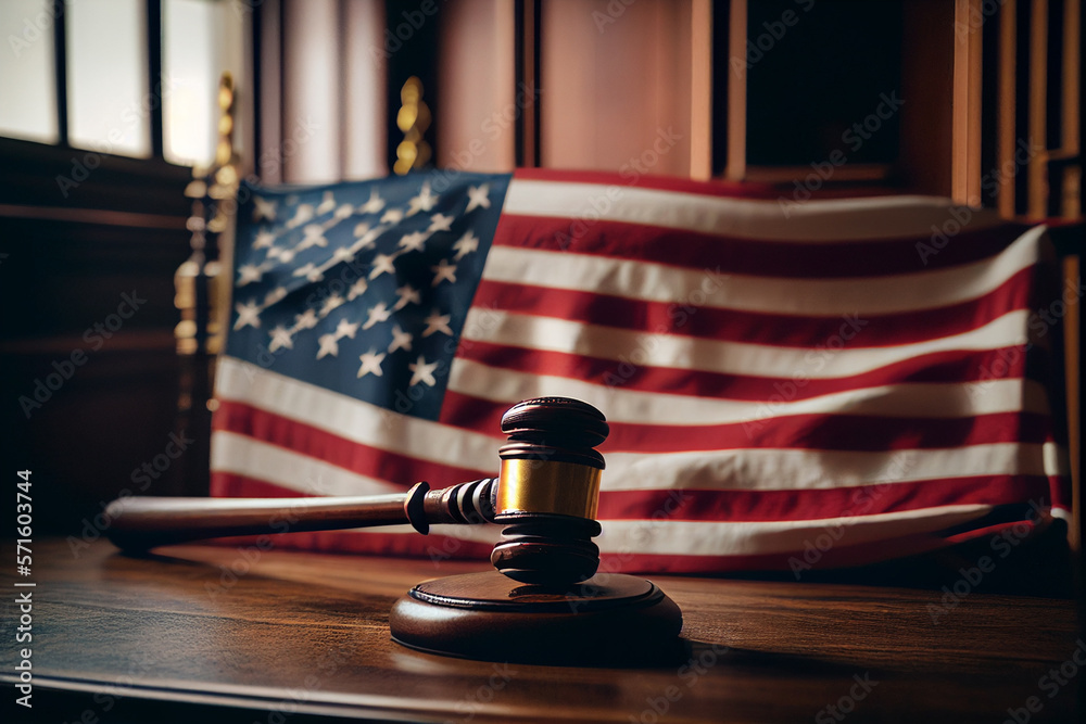 Mallet of judge in American courtroom. American flag in courtroom with ...