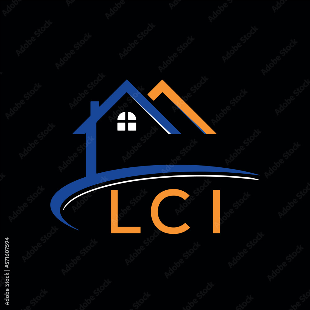 LCI house logo, letter logo. LCI blue image on black background and ...