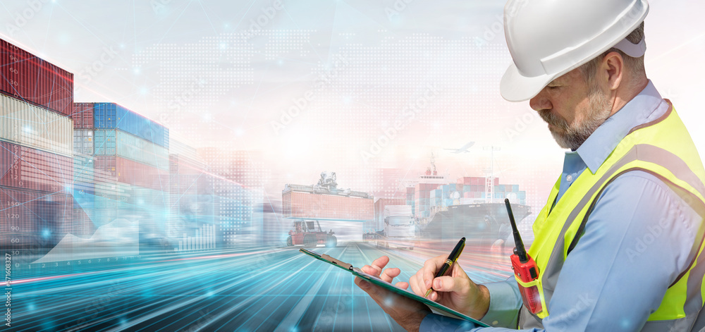 Engineer working at industrial port and construction container checking ...