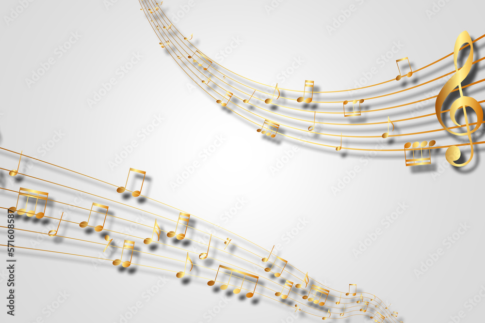 Abstract musical background. Gold music notes and treble clef on line ...