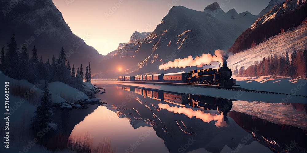 Historic steam train in winter mountains under snow on sunset reflected ...