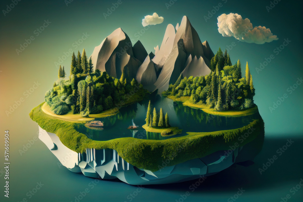 Floating island with lake and beautiful landscape. 3d illustration of ...