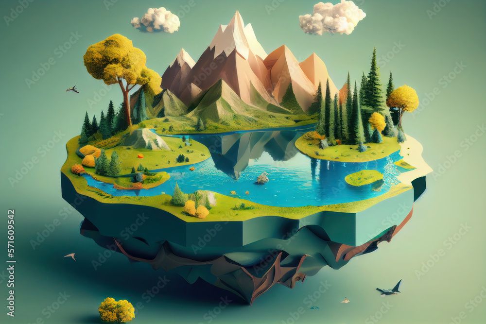 Floating island with lake and beautiful landscape. 3d illustration of ...