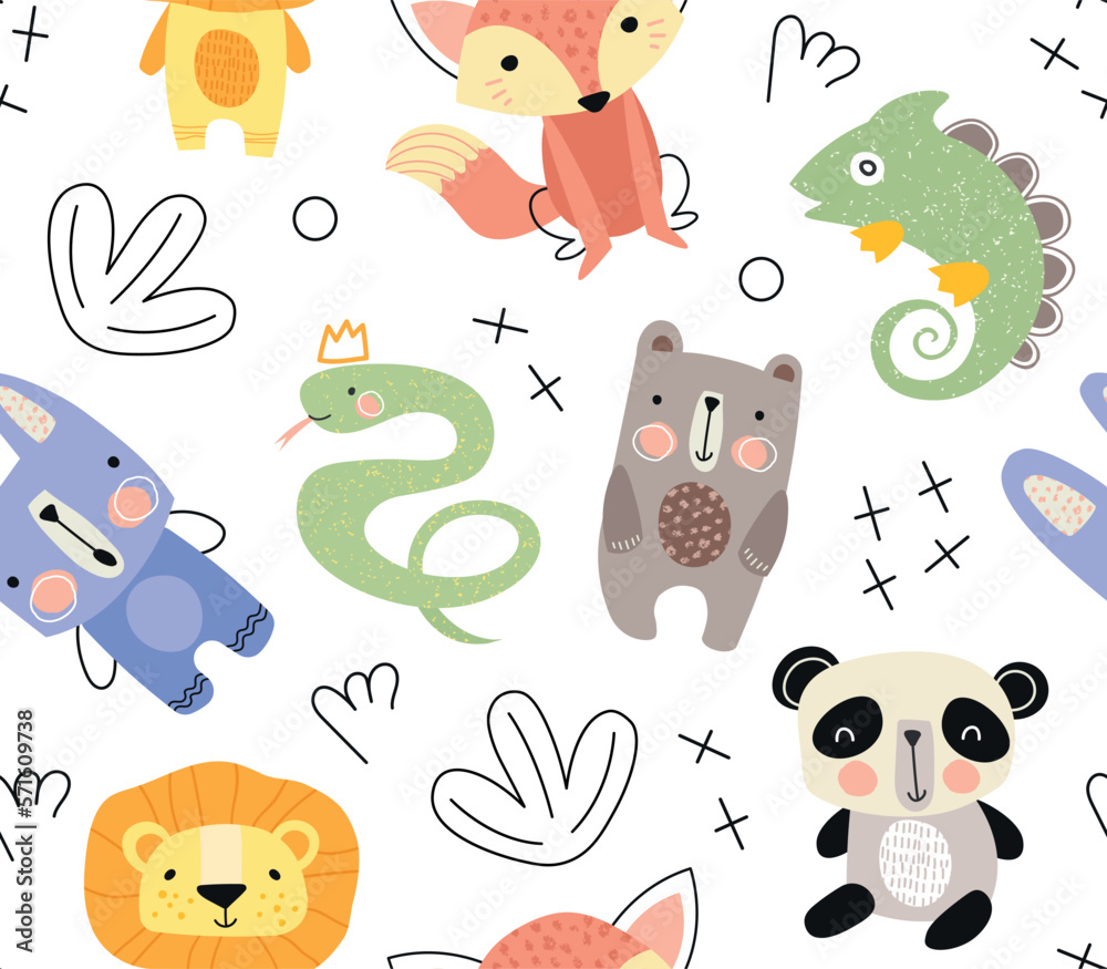 Doodle animals seamless pattern. Repeating design element for printing ...