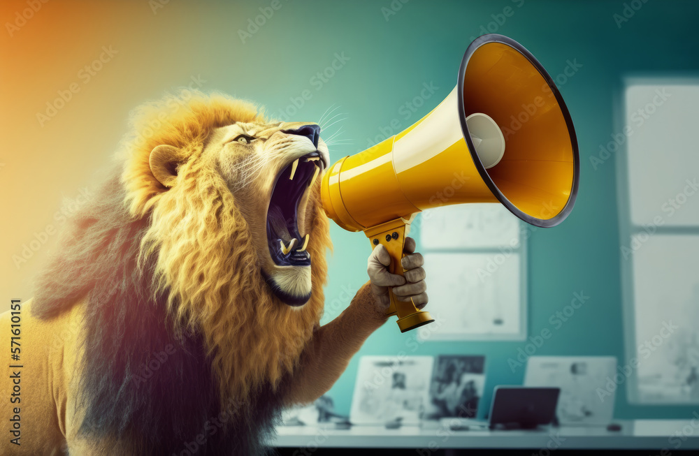 Lion holding yellow megaphone with its mouth open. Generative AI. Stock ...