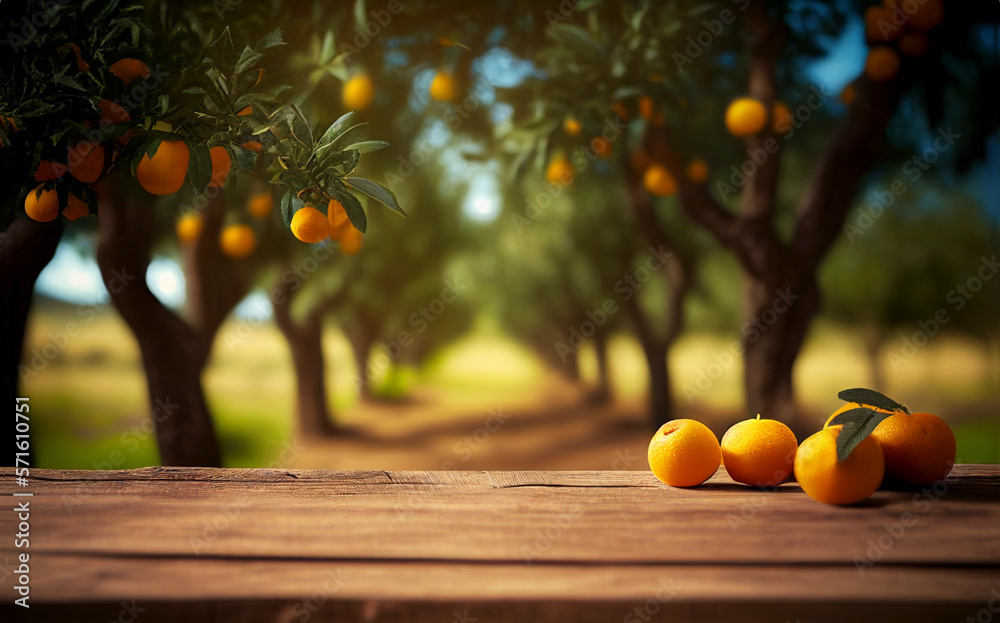 Wooden table and orange trees for product and merchandise display ...