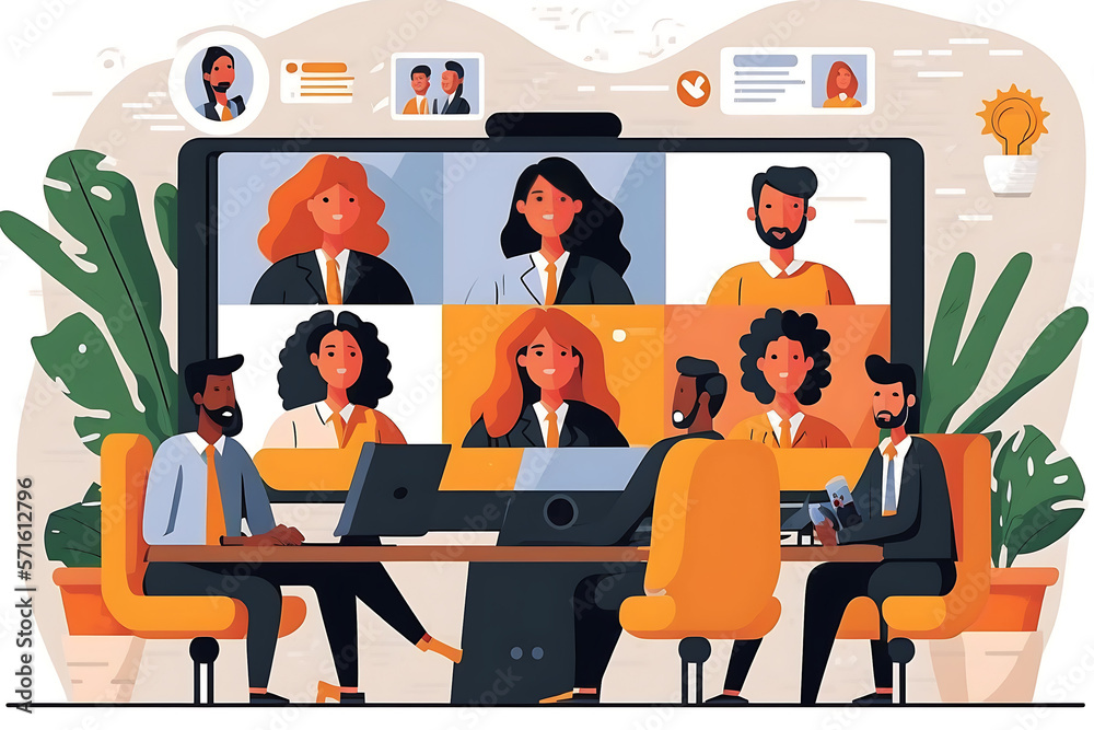 Flat vector illustration Diverse company employees having online ...