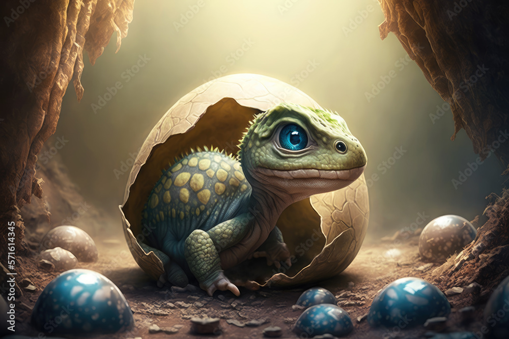 Baby dinosaur hatching from an egg, Generative AI Stock Illustration ...