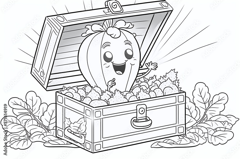 Coloring page for kids, cheerful vegetable in a treasure chest ...