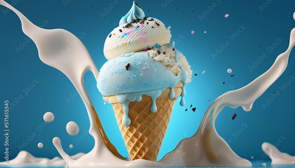 Scoop ice cream in a cone with chocolate topping. Dynamic background ...