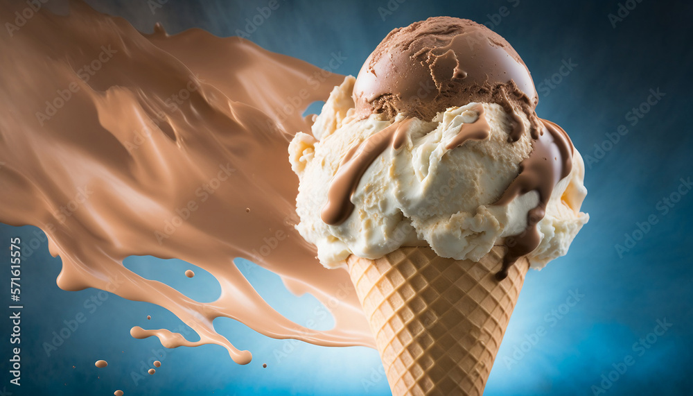 Scoop ice cream in a cone with chocolate topping. Dynamic background ...