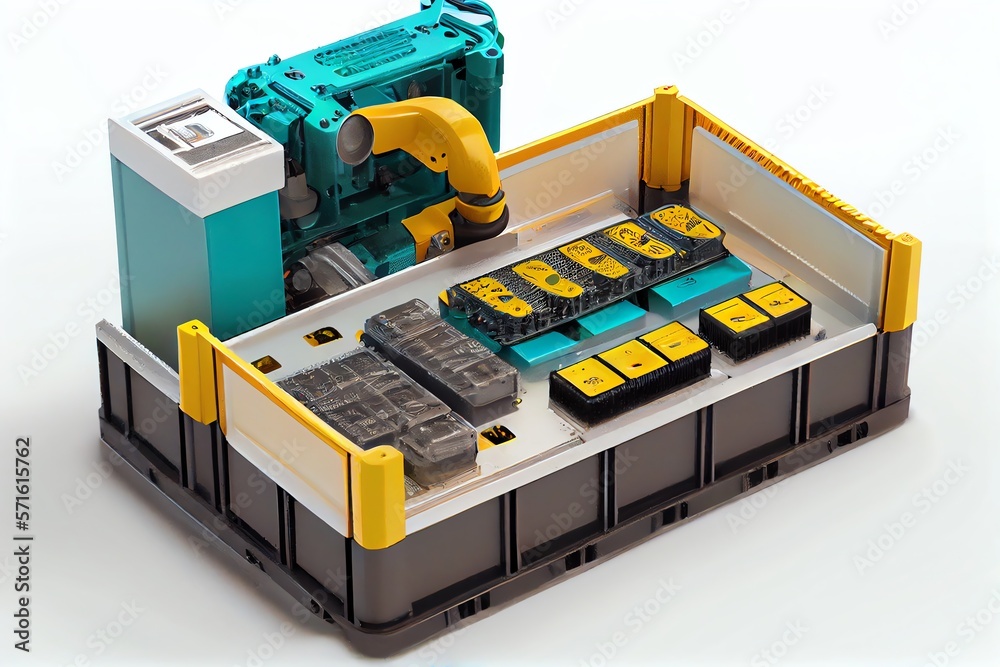 Robot assembly line with electric car battery cells module on platform ...