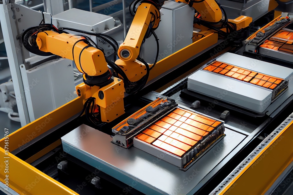 Robot assembly line with electric car battery cells module on platform ...