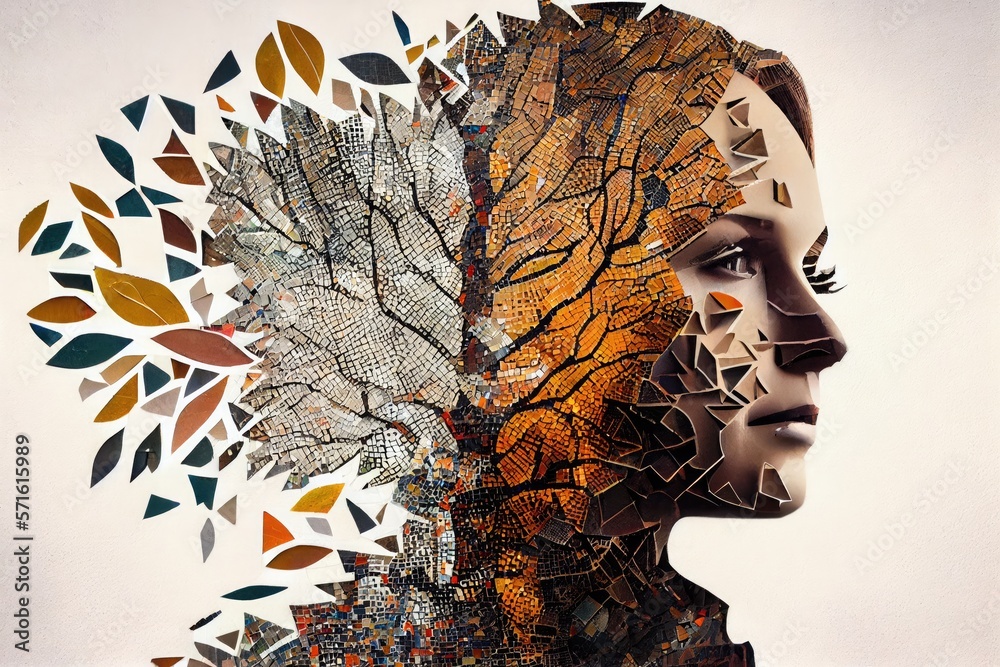 Woman face made from tree foliage and sky, mosaic portrait generative ...