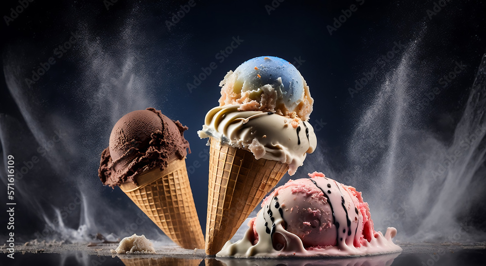 Scoop ice cream in a cone with chocolate topping. Dynamic background ...