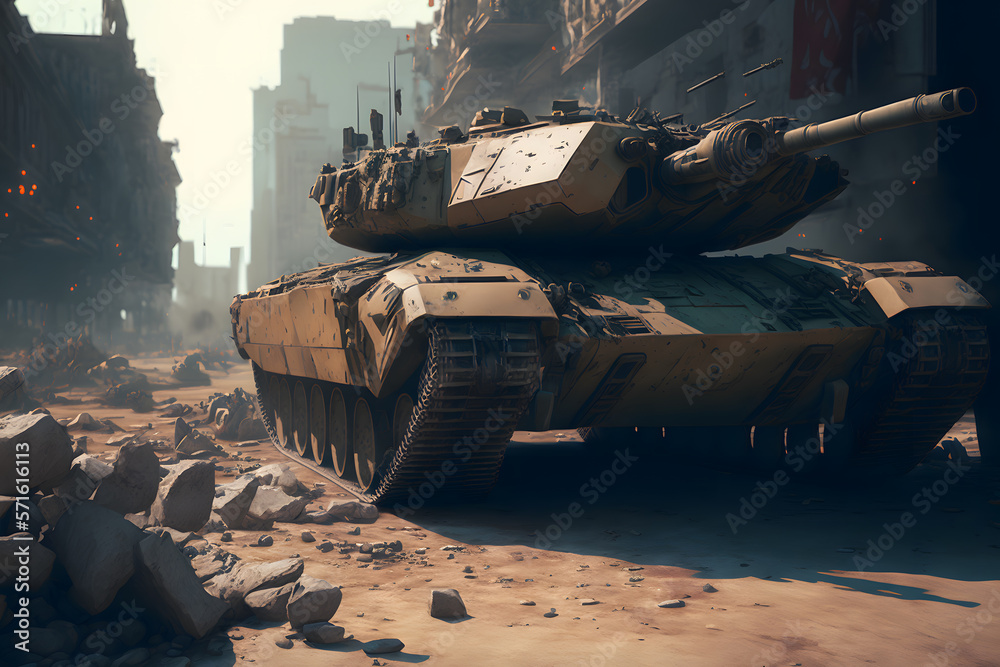 Modern futuristic battle tank with turret and cannon in city center ...